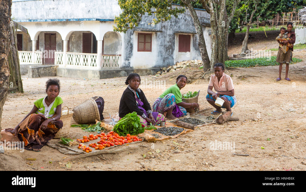 Group of malagasy women selling vegetables by the road in the rural ...