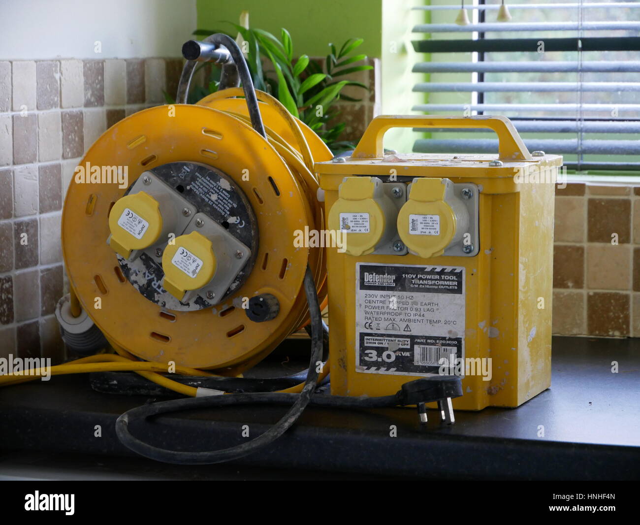 A portable transformer and reel with 2 output sockets capable of ...