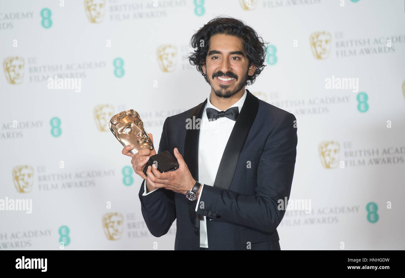 London, UK. 12th Feb, 2017. Actor Dev Patel poses in the winner's room ...
