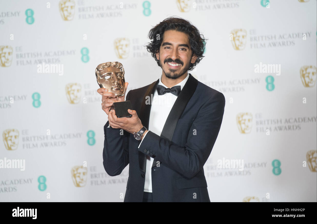 London, UK. 12th Feb, 2017. Actor Dev Patel poses in the winner's room ...