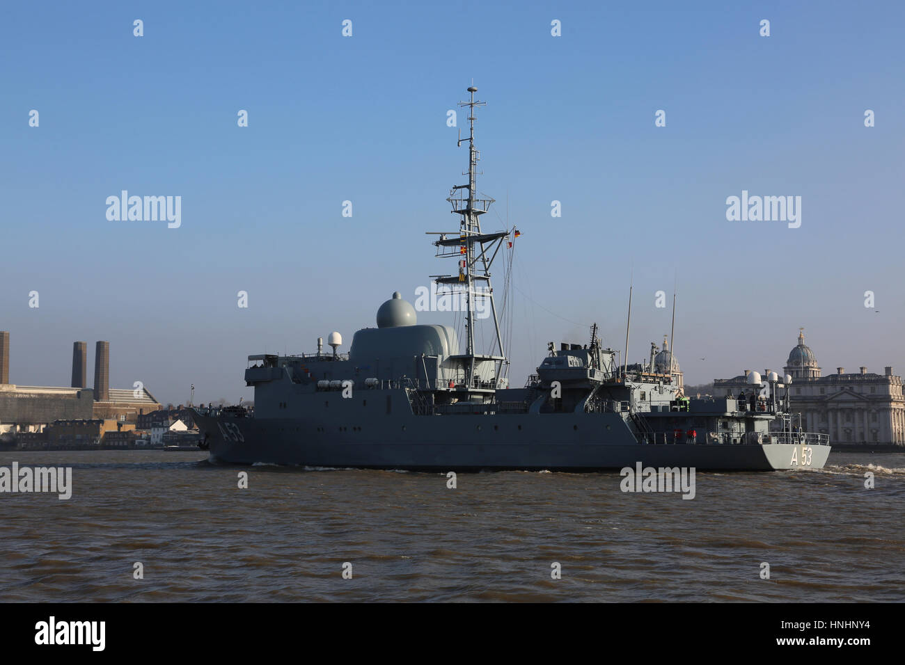 London, UK. 13th Feb, 2017. German Navy Spy Ship FGS OKER A53 is a spy ...