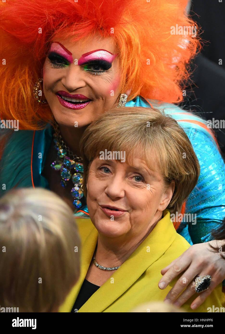 Berlin, Germany. 12th Feb, 2017. Drag Queen Olivia Jones touches German ...