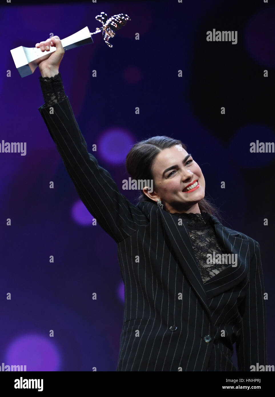 Berlin Germany 13th Feb 2017 Shootingstar Karin Franz Koerlof Holds Up Her Award During The
