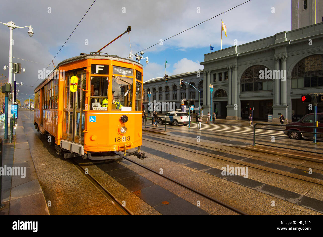 A Cable Car outside the Ferry Building Marketplace in San Francisco ...