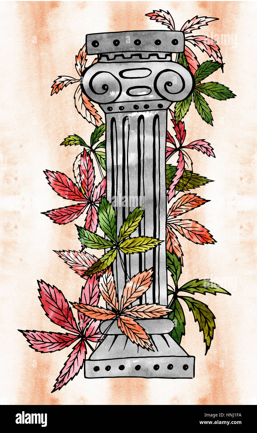 Ancient Roman column. Overgrown with deciduous plants. Hand drawing and ...