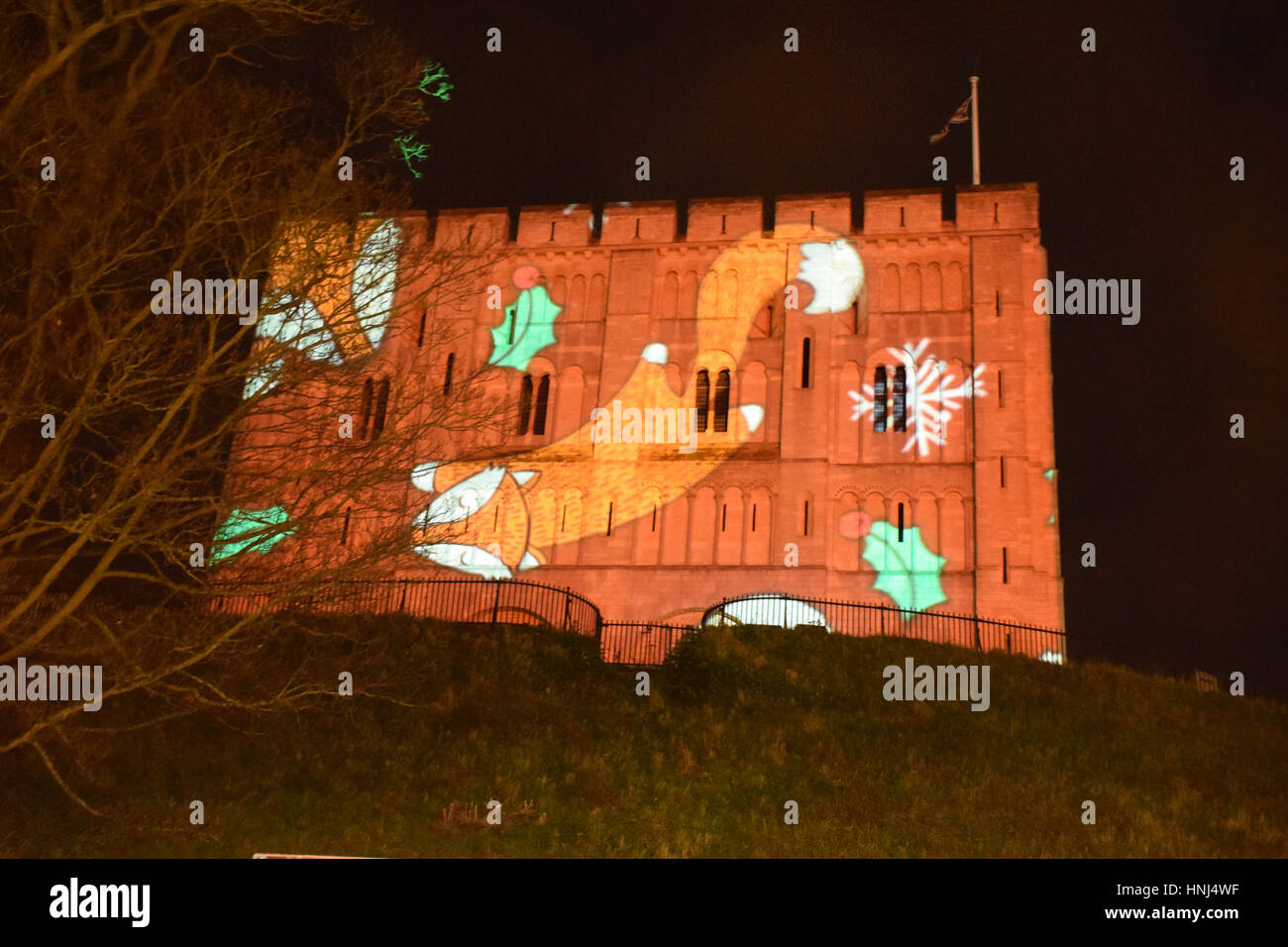 Christmas projection onto Norwich castle, December 2016 UK Stock Photo ...