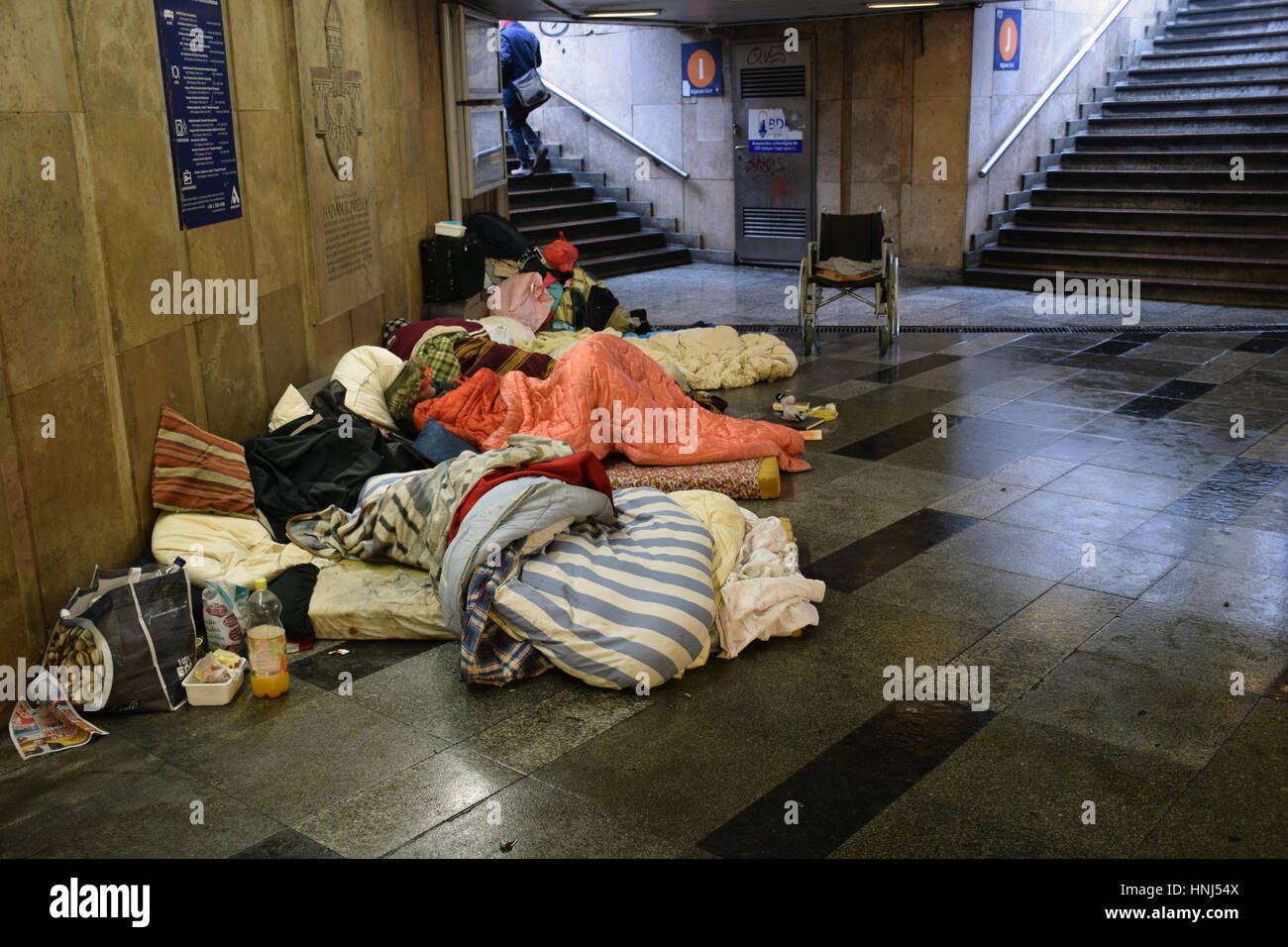 Homeless people sleeping in Metro, Budapest, Hungary, February 2017 ...