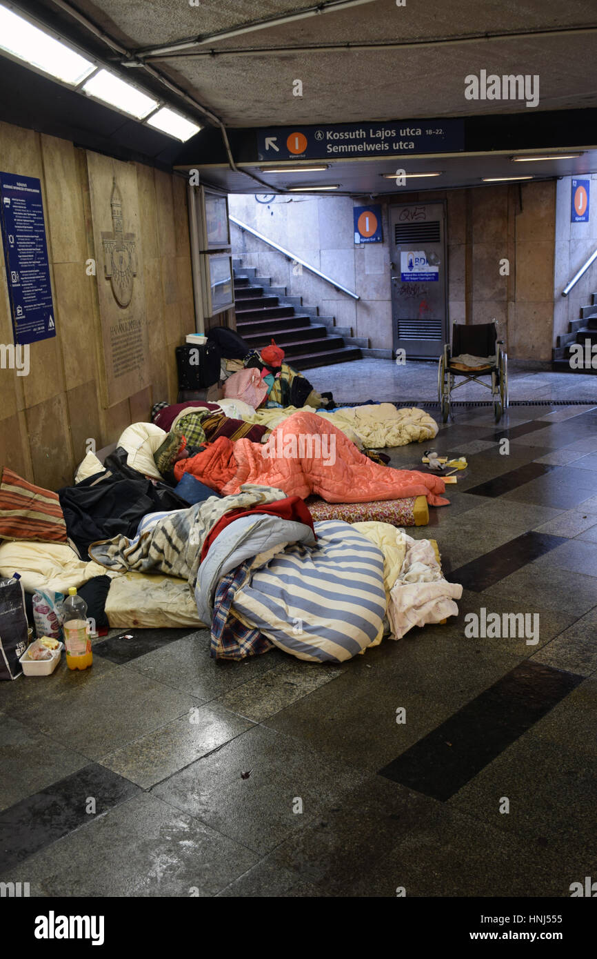 Homeless people sleeping in Metro, Budapest, Hungary, February 2017 ...