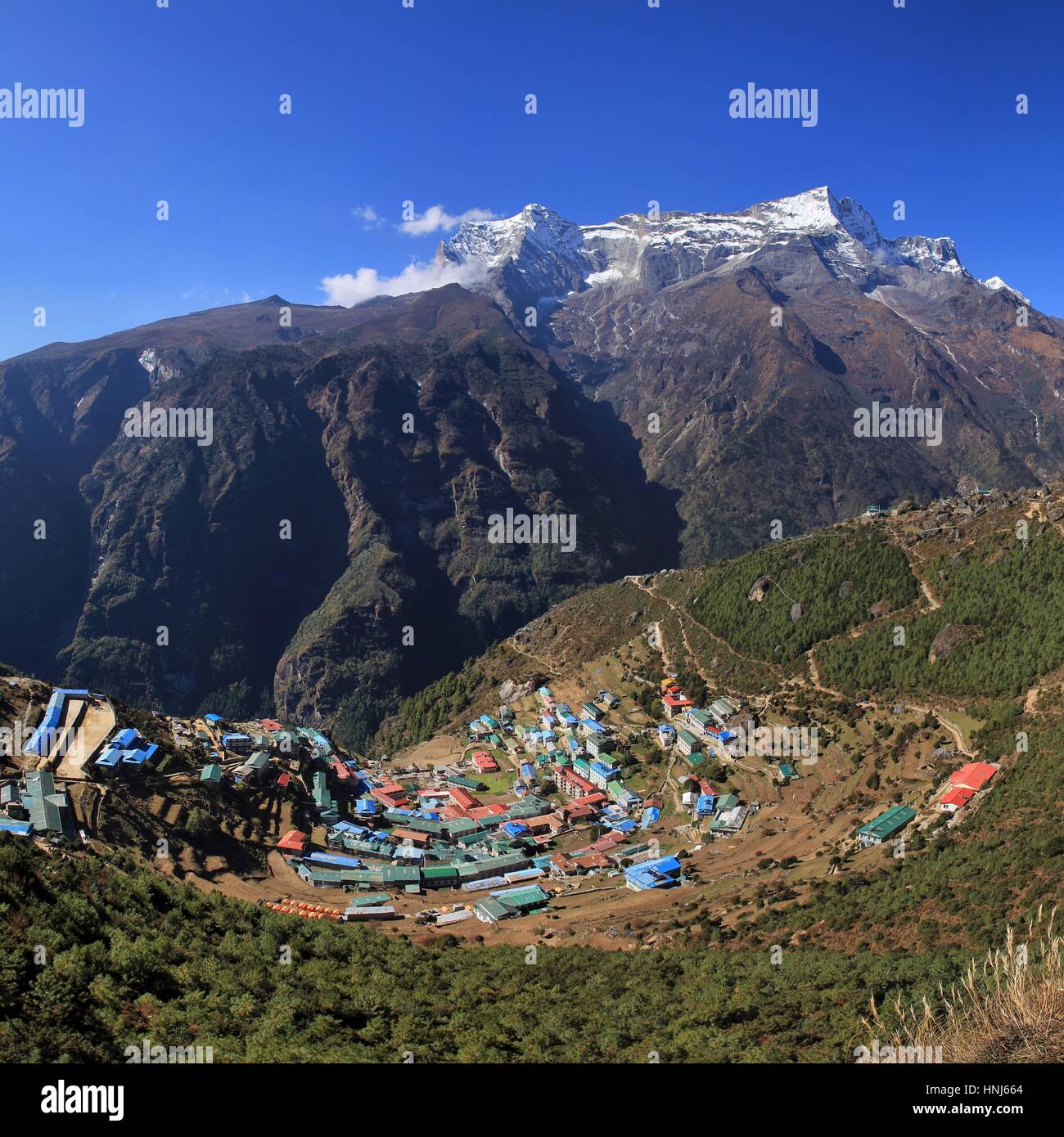 Namche Bazar and mountain. Village in the Everest National Park, Nepal ...