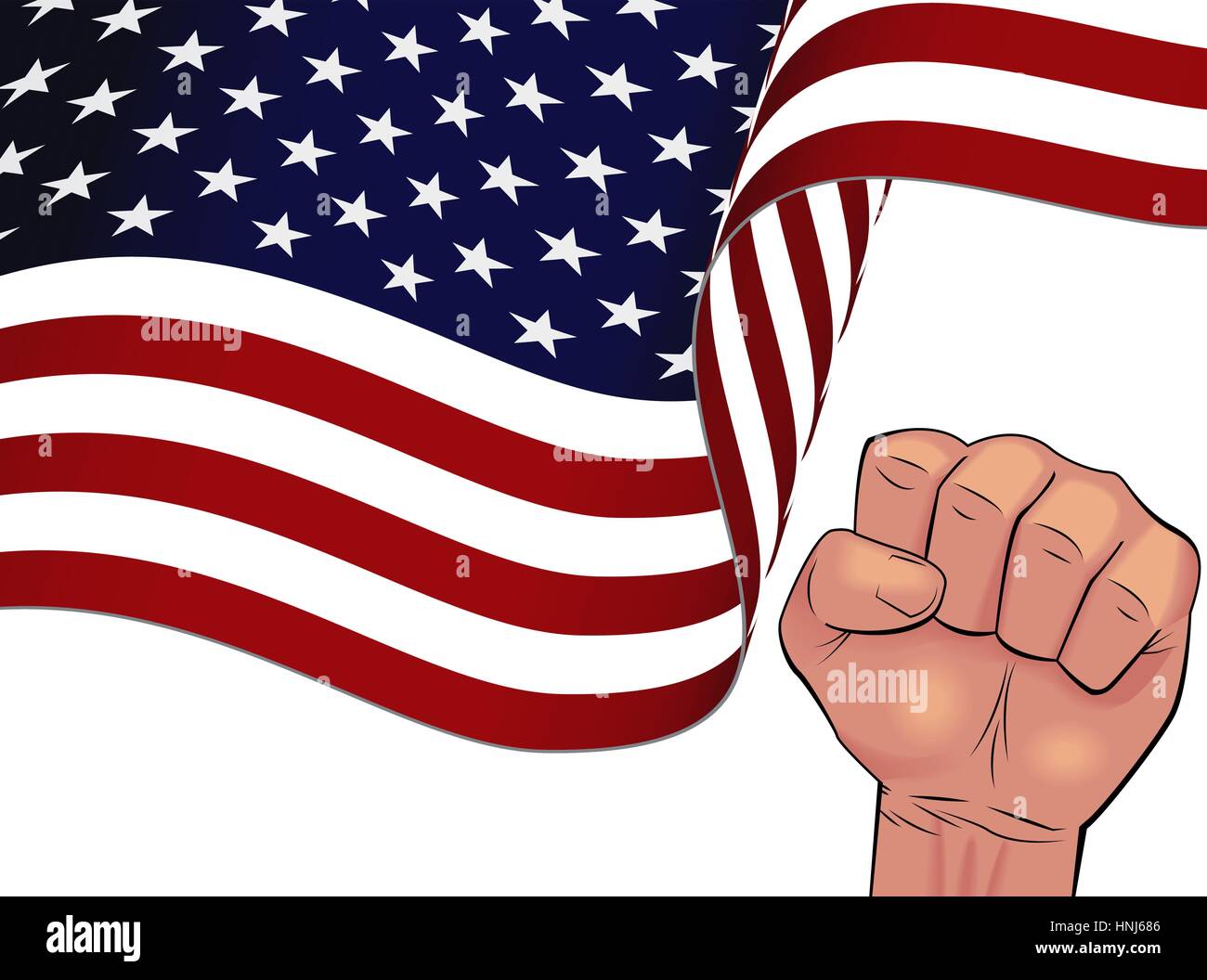 Waving USA flag bottom half and man hand squeeze in fist isolated on ...