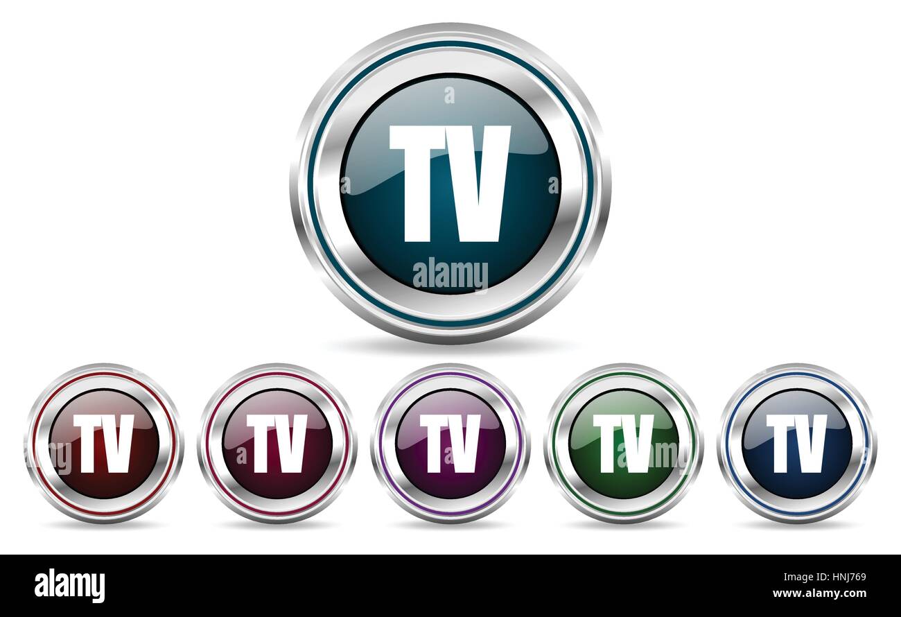 Vector TV icons. Chrome border round set of web buttons. Silver ...