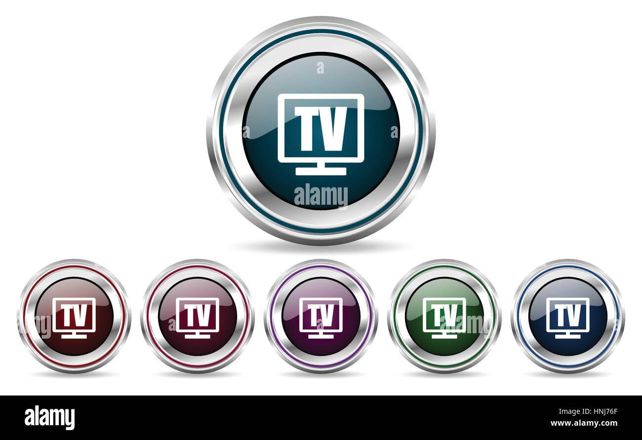 Vector TV icons. Chrome border round set of web buttons. Silver ...