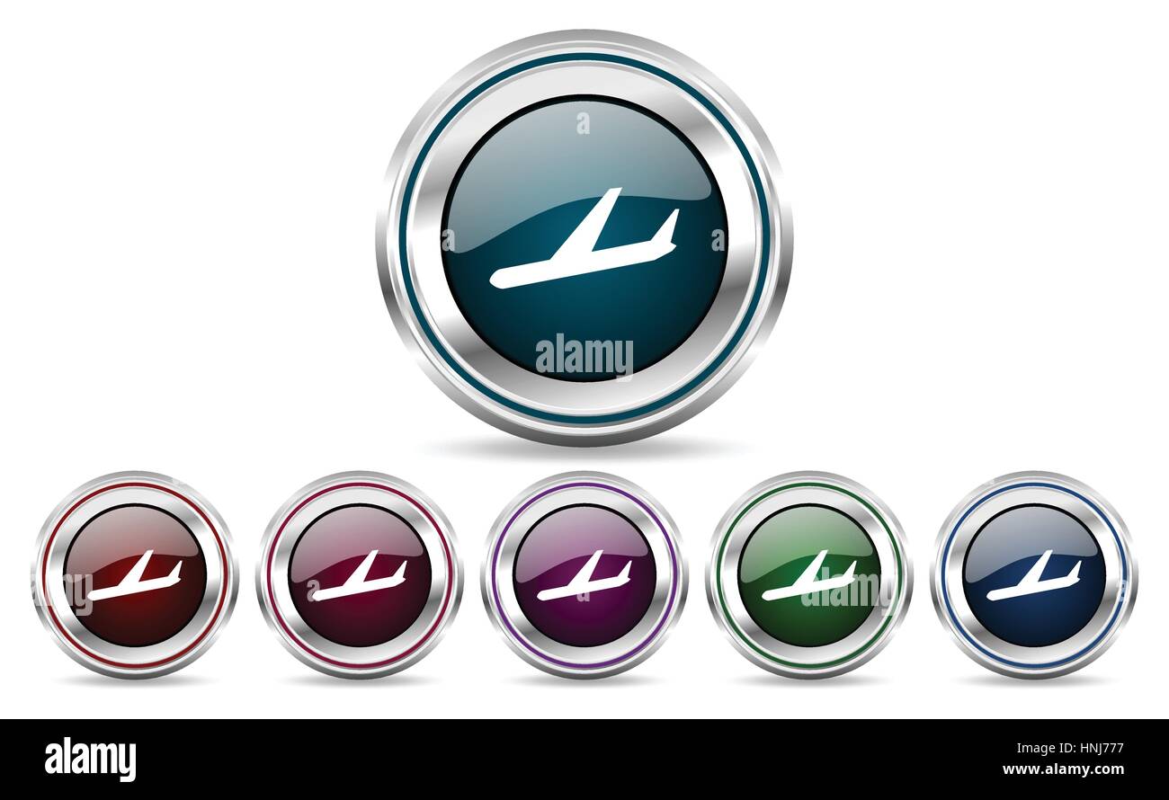 Vector airplane icons. Chrome border round set of web buttons. Silver ...