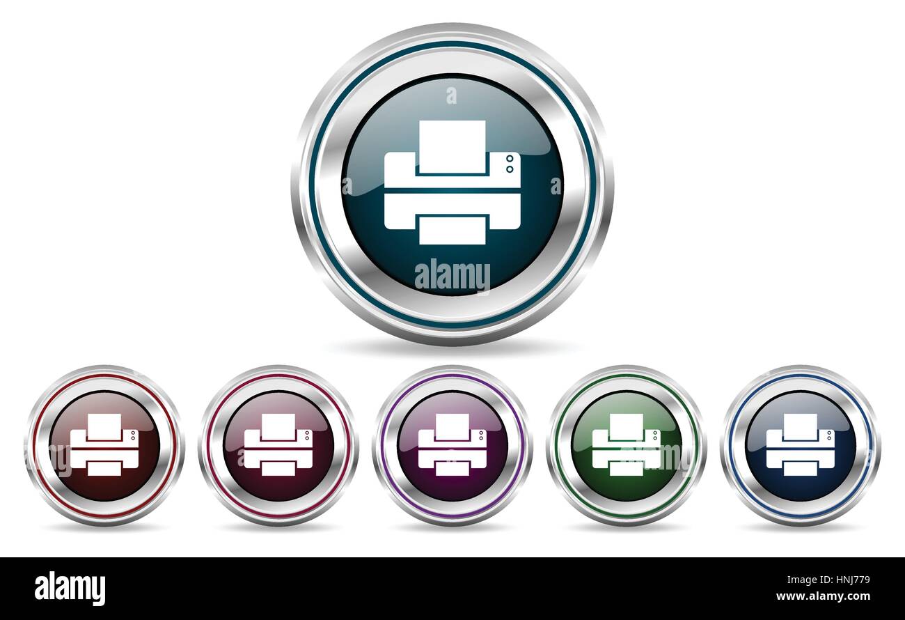 Vector printer icons. Chrome border round set of web buttons. Silver ...