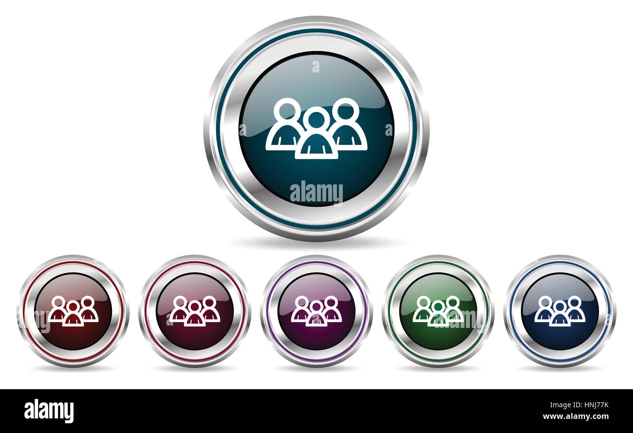 Vector people icons. Chrome border round set of web buttons. Silver ...