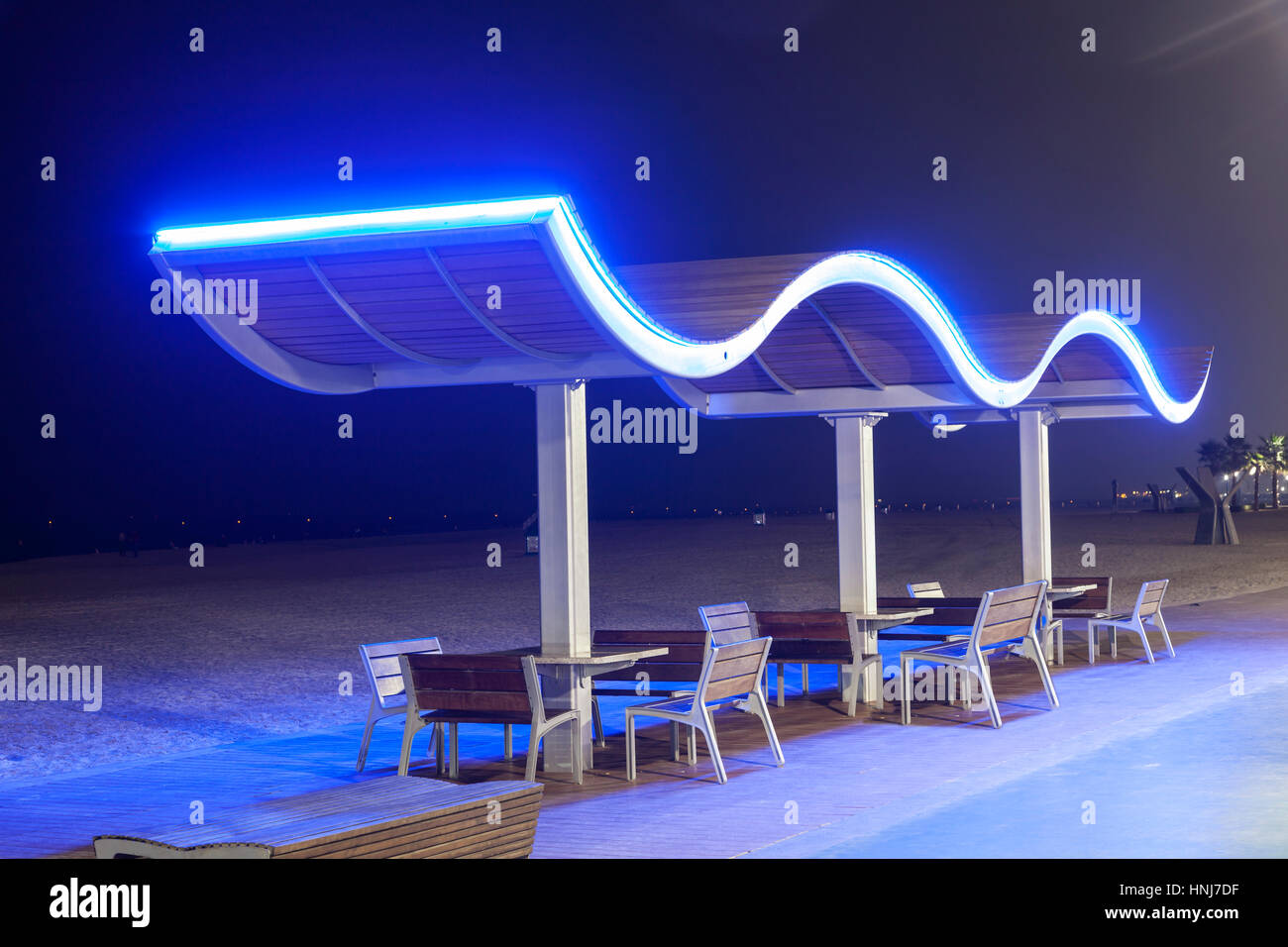 Benches at the Umm Suqeim Beach in Dubai, United Arab Emirates Stock ...