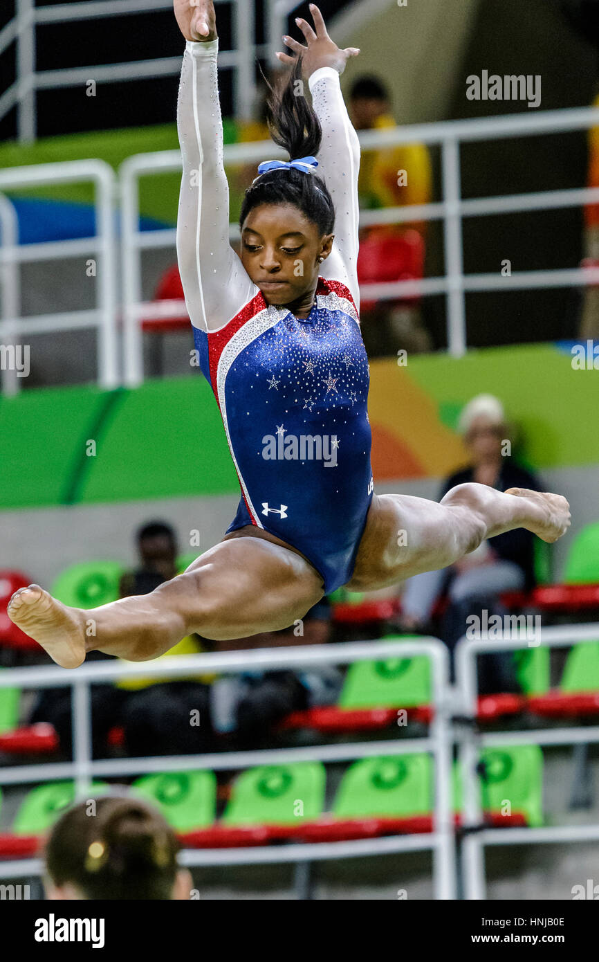 Rio de Janeiro, Brazil. 11 August 2016. Simone Biles (USA) performs on ...