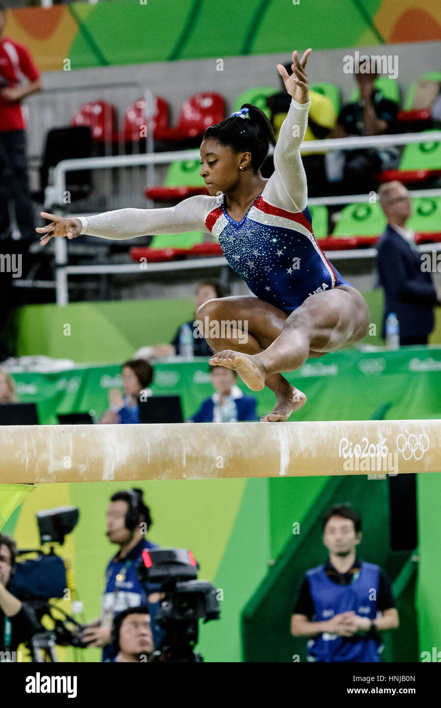 Rio de Janeiro, Brazil. 11 August 2016. Simone Biles (USA) performs on ...