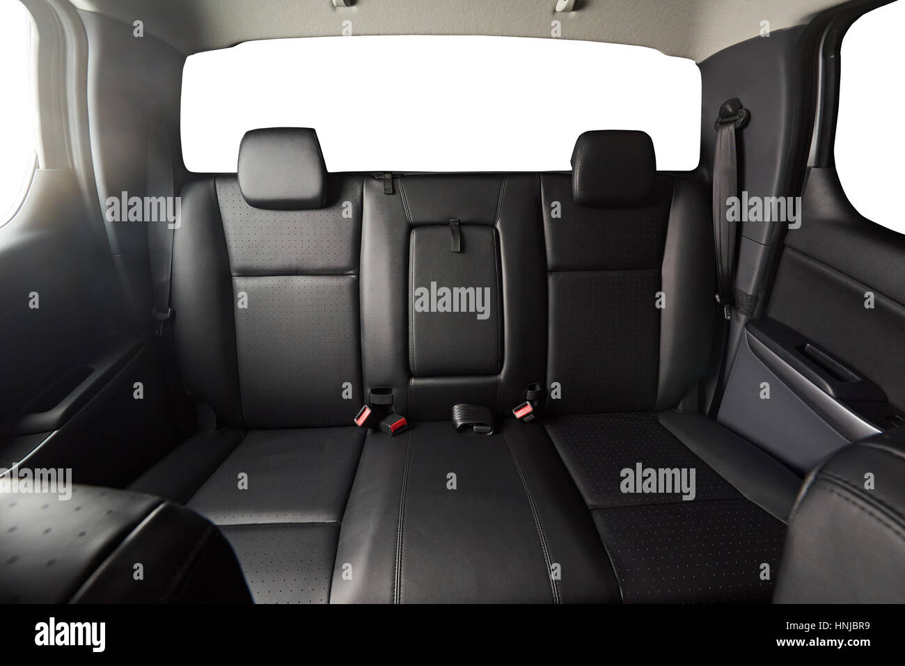 Back leather seat of modern pickup car interior with isolated windows ...