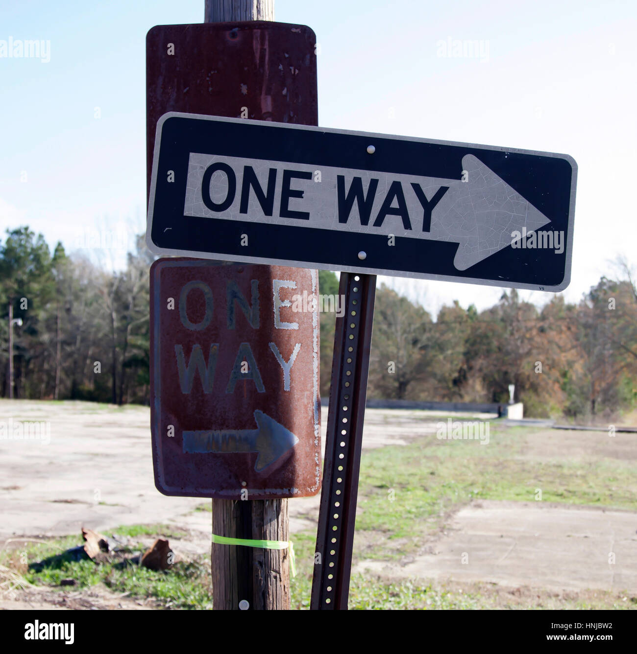 Close up of multiple one way signs in an area Stock Photo - Alamy