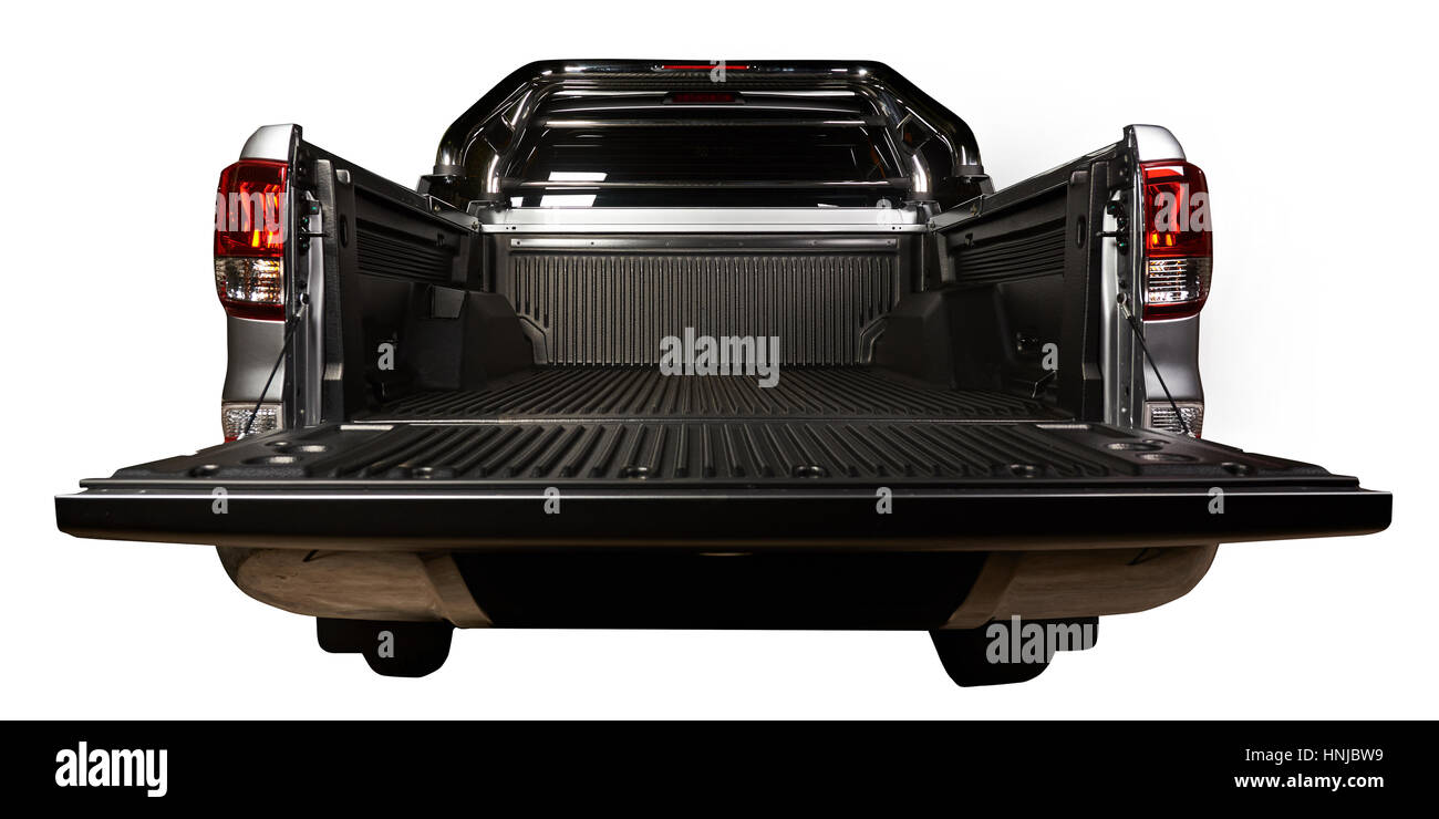 Open clean modern pickup trunk close up isolated on white background ...