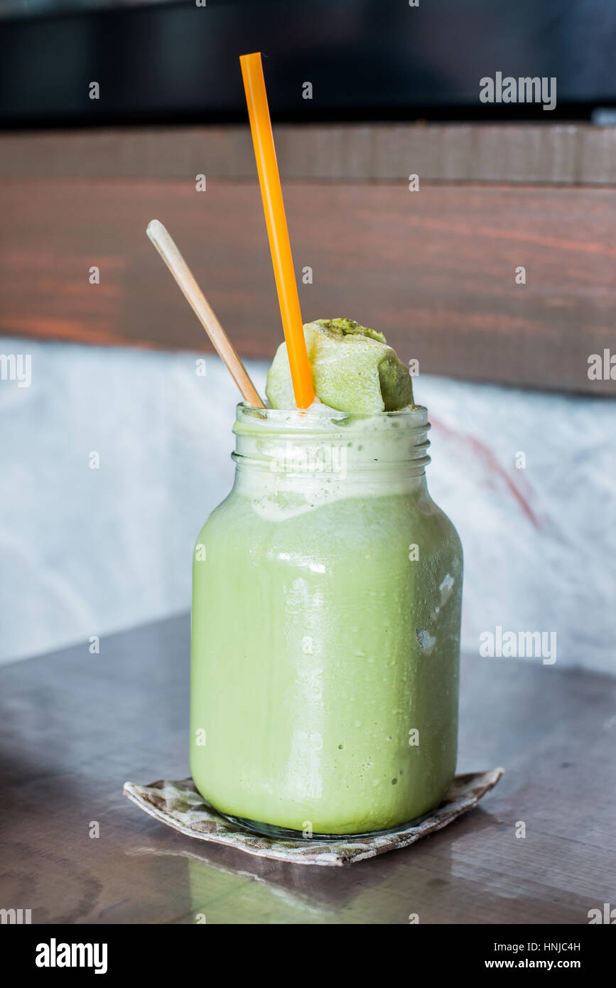 green tea frappe and blended on table Stock Photo - Alamy