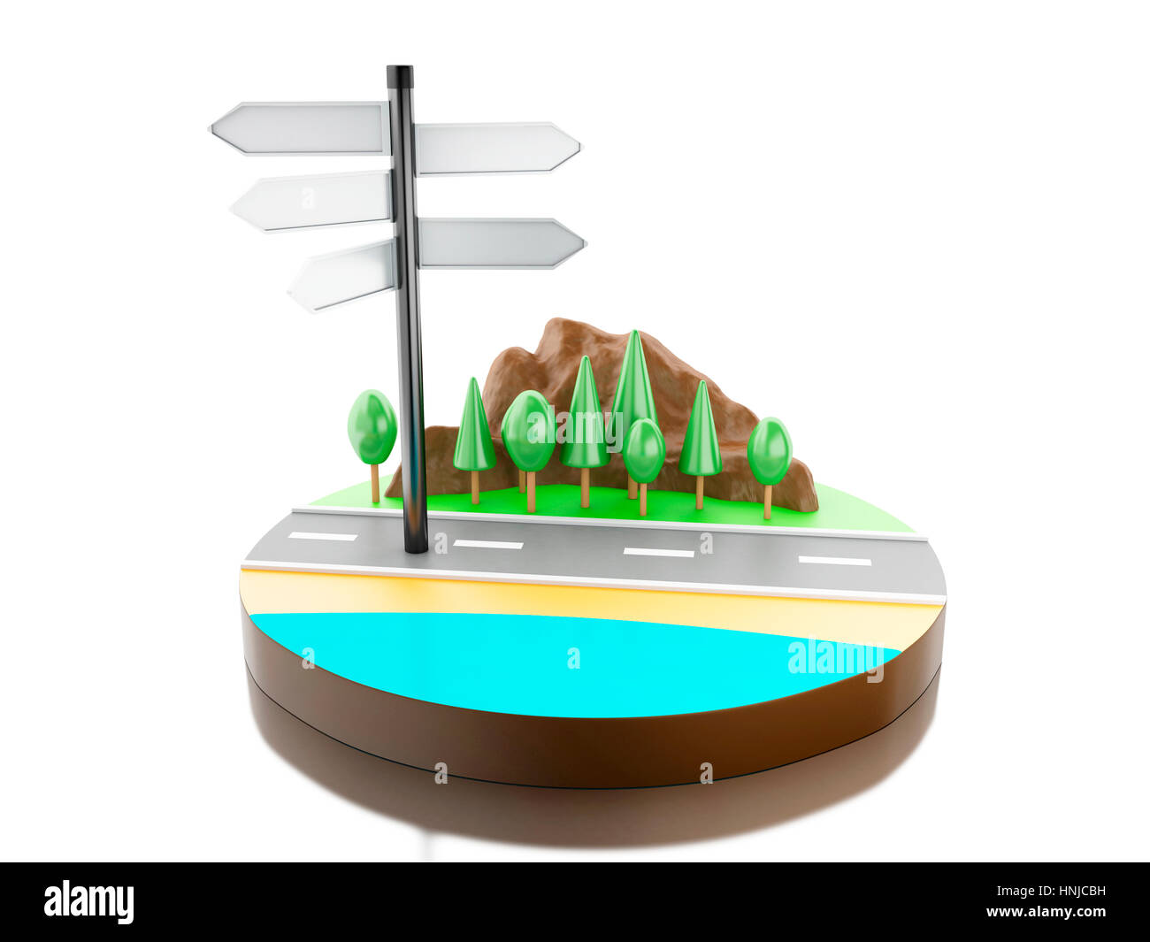 3D illustration. Road trip with singpost with amazing view. Travel ...