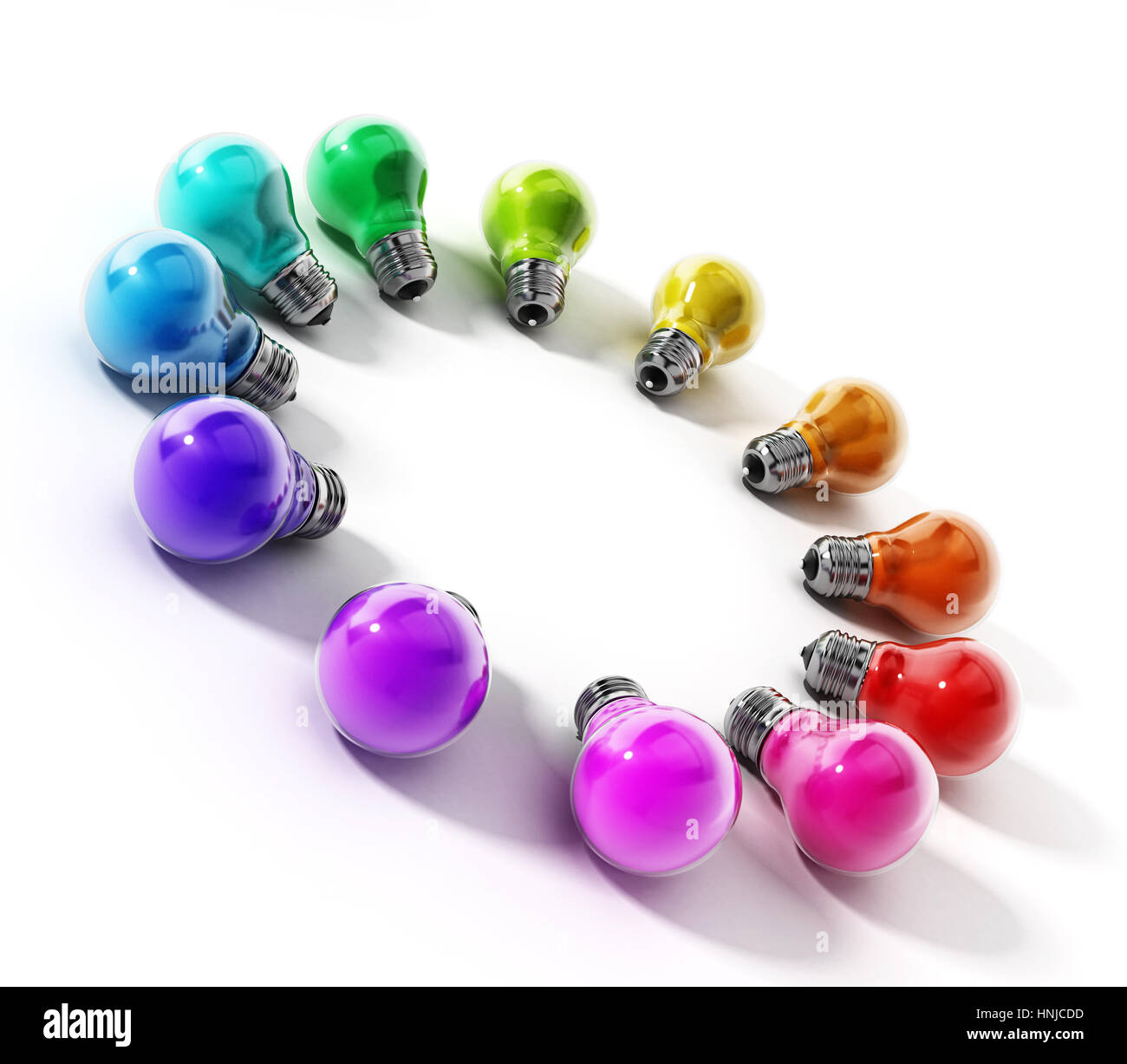 Multi colored lightbulbs in circle formation. 3D illustration Stock ...