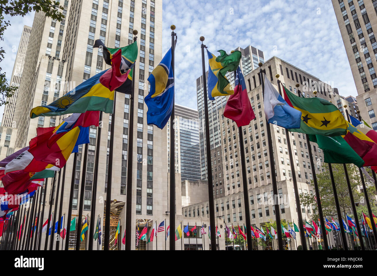 Many national flags at Rockefeller center in New York, USA Stock Photo ...