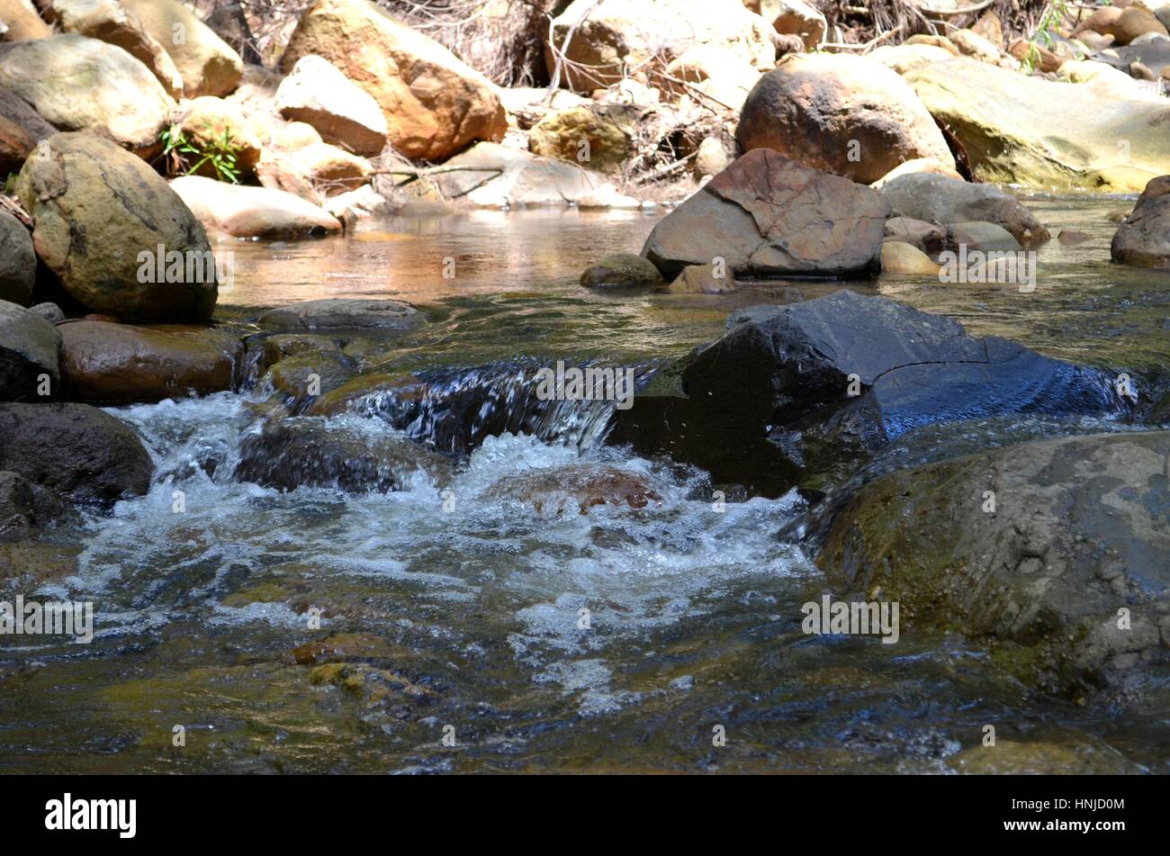 River flowing over rocks creating a tiny waterfall Stock Photo - Alamy
