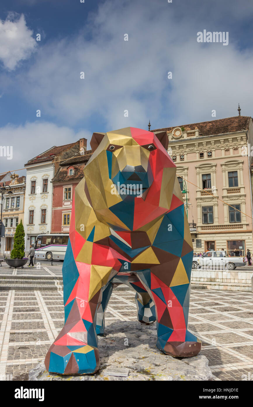 Large iron statue of a bear at Piata Sfatului in Brasov, Romania Stock ...