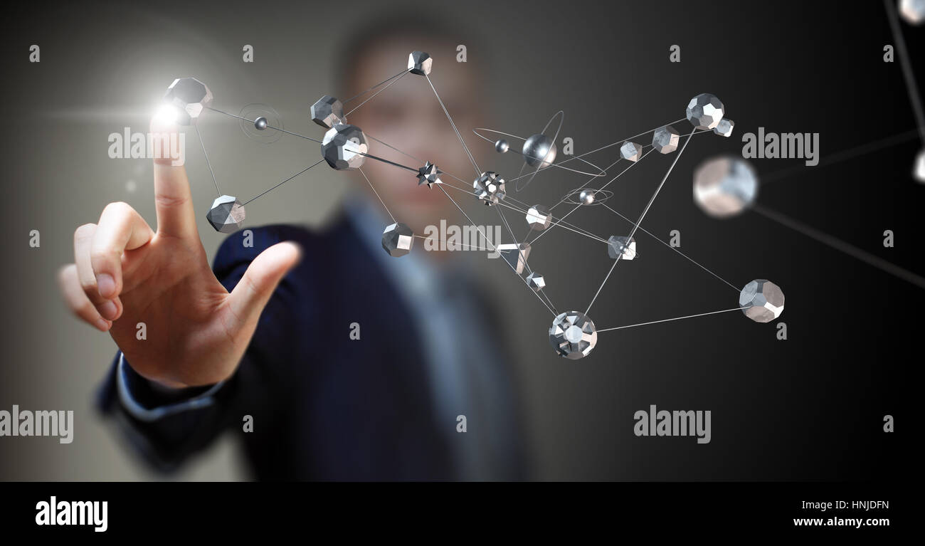 Businessman hand demonstrating digital connection lines in palm. 3D ...