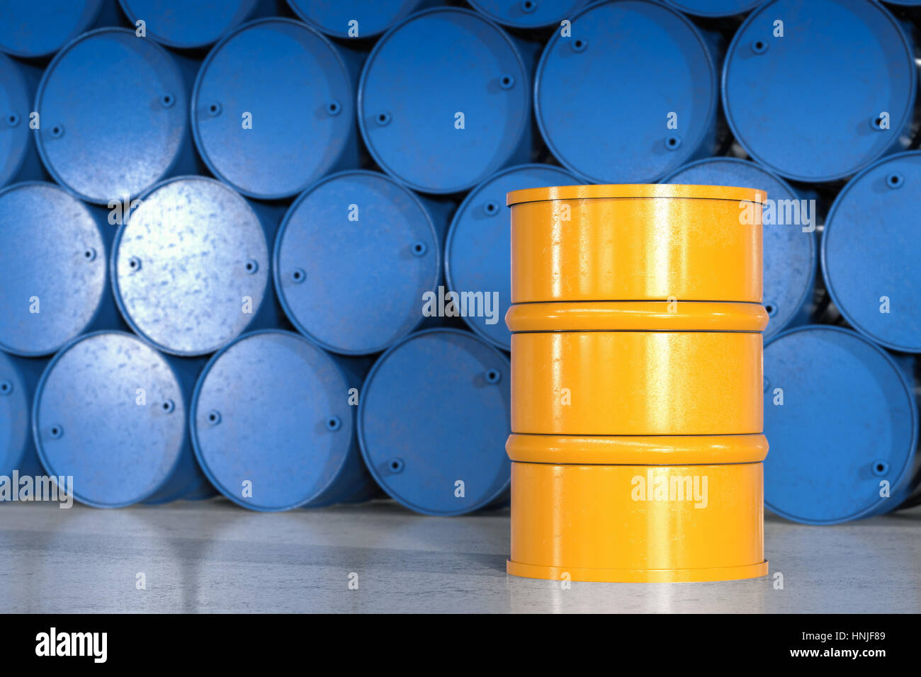 3d rendering yellow barrel with blue barrels background Stock Photo - Alamy