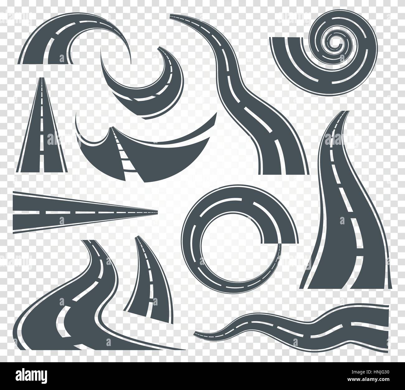 Isolated grey color road or highway with dividing markings on white ...