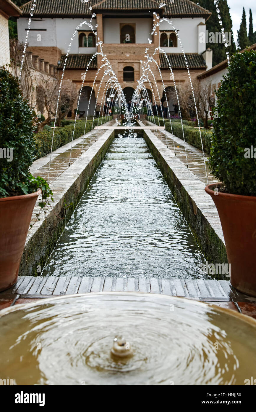 Courtyard pool and fountains, El Generalife, The Alhambra, Granada ...