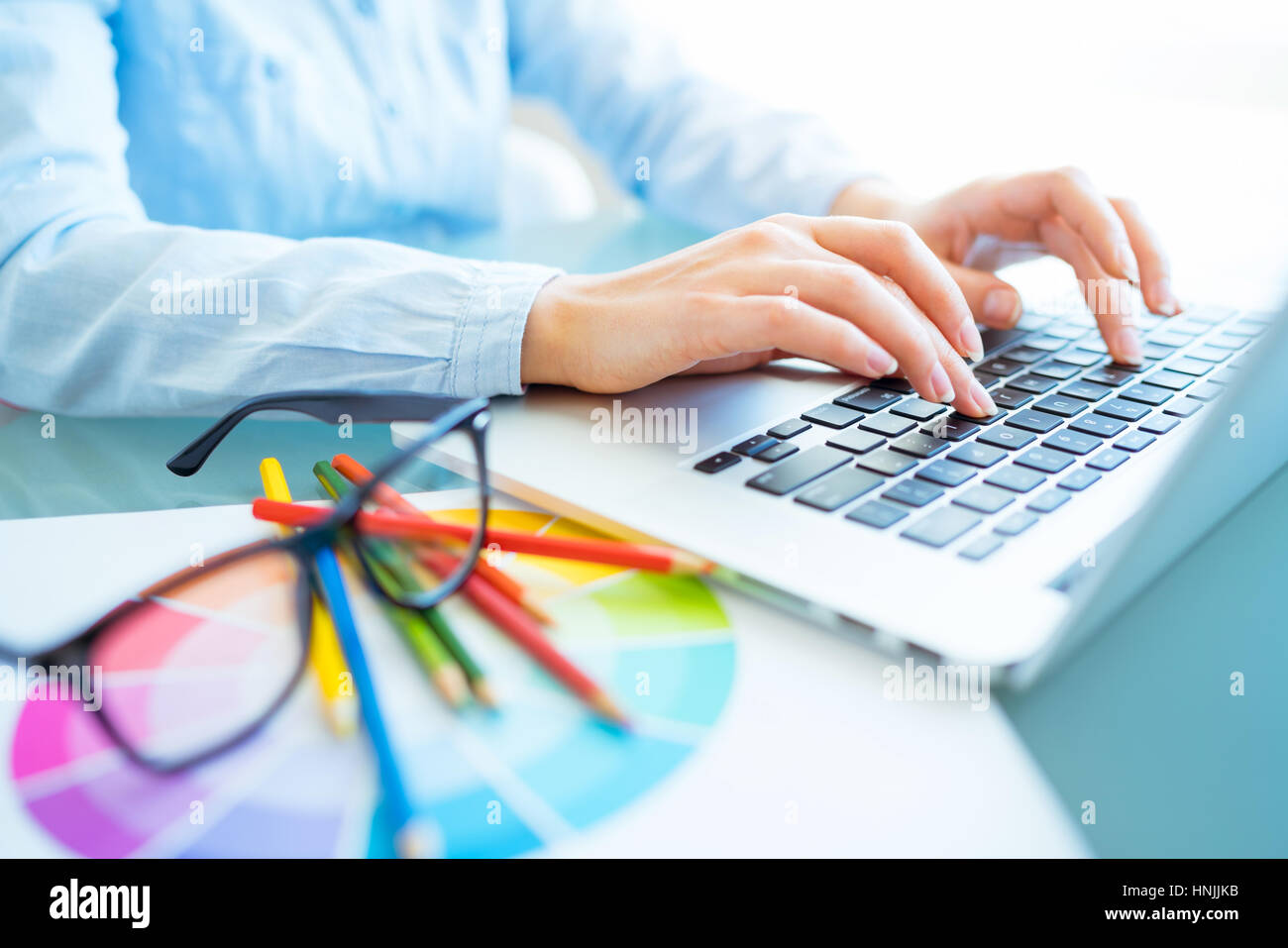 Female hands or woman office worker typing on the keyboard Stock Photo ...