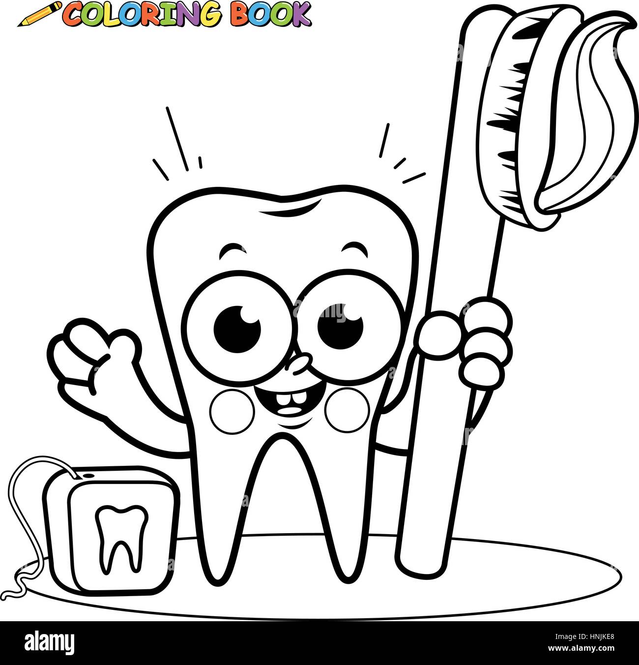 Tooth cartoon character holding a toothbrush and a dental floss. Cute ...