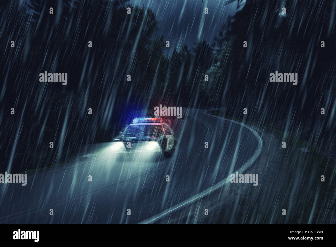 USA police car at work at night in the forest, heavy rain, motion blur ...