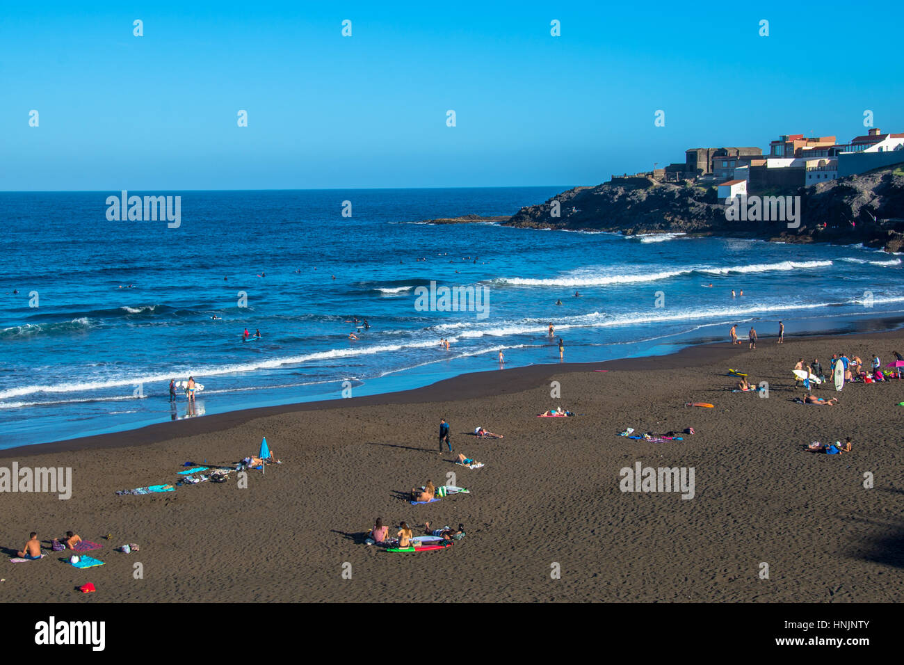 volcanic black sand beach at playa del hombre gran canaria spain Stock ...