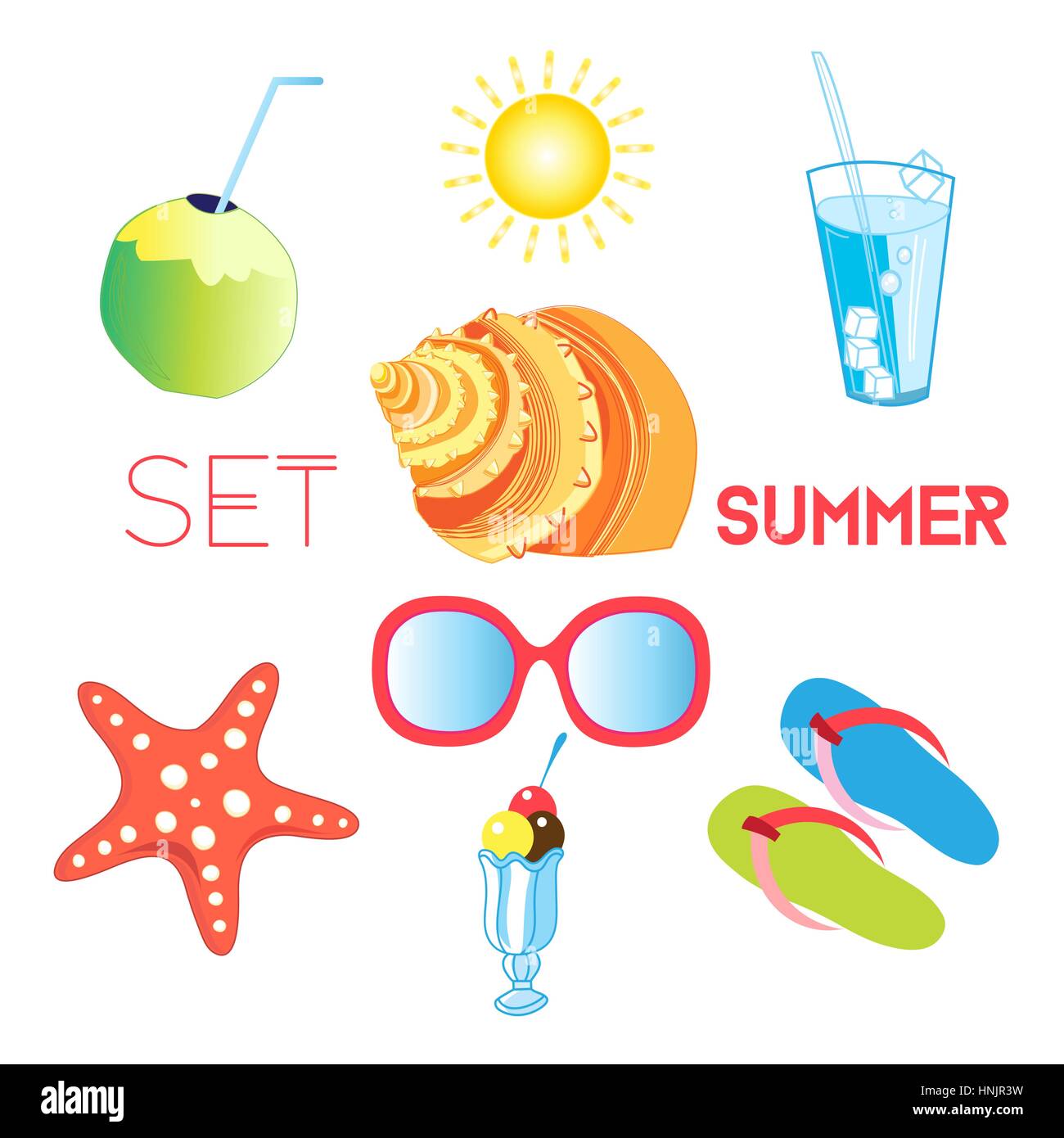 Vector set of different items of summer on a white background Stock ...