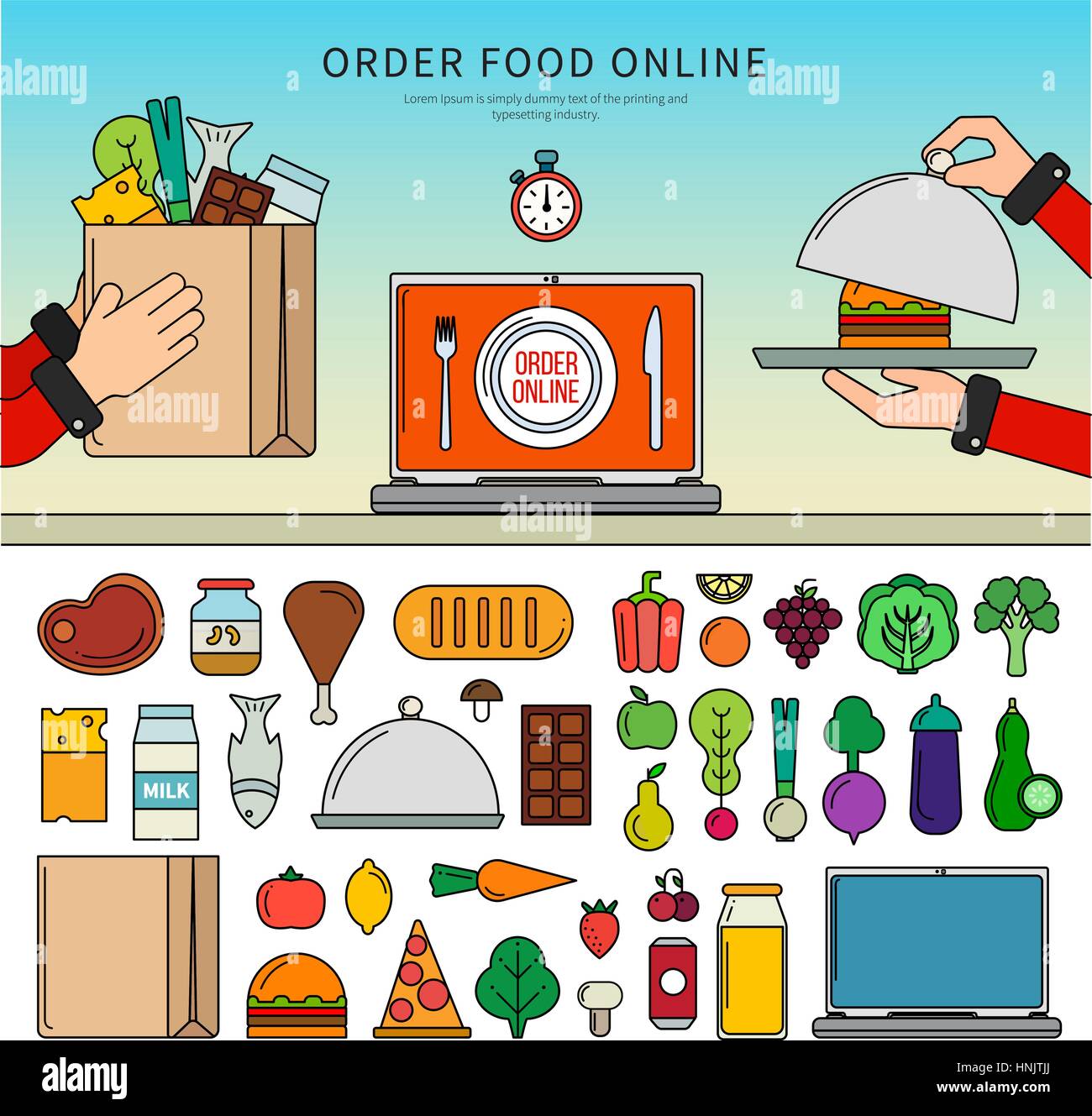 Thin line flat design of different food. Icons for order food online ...