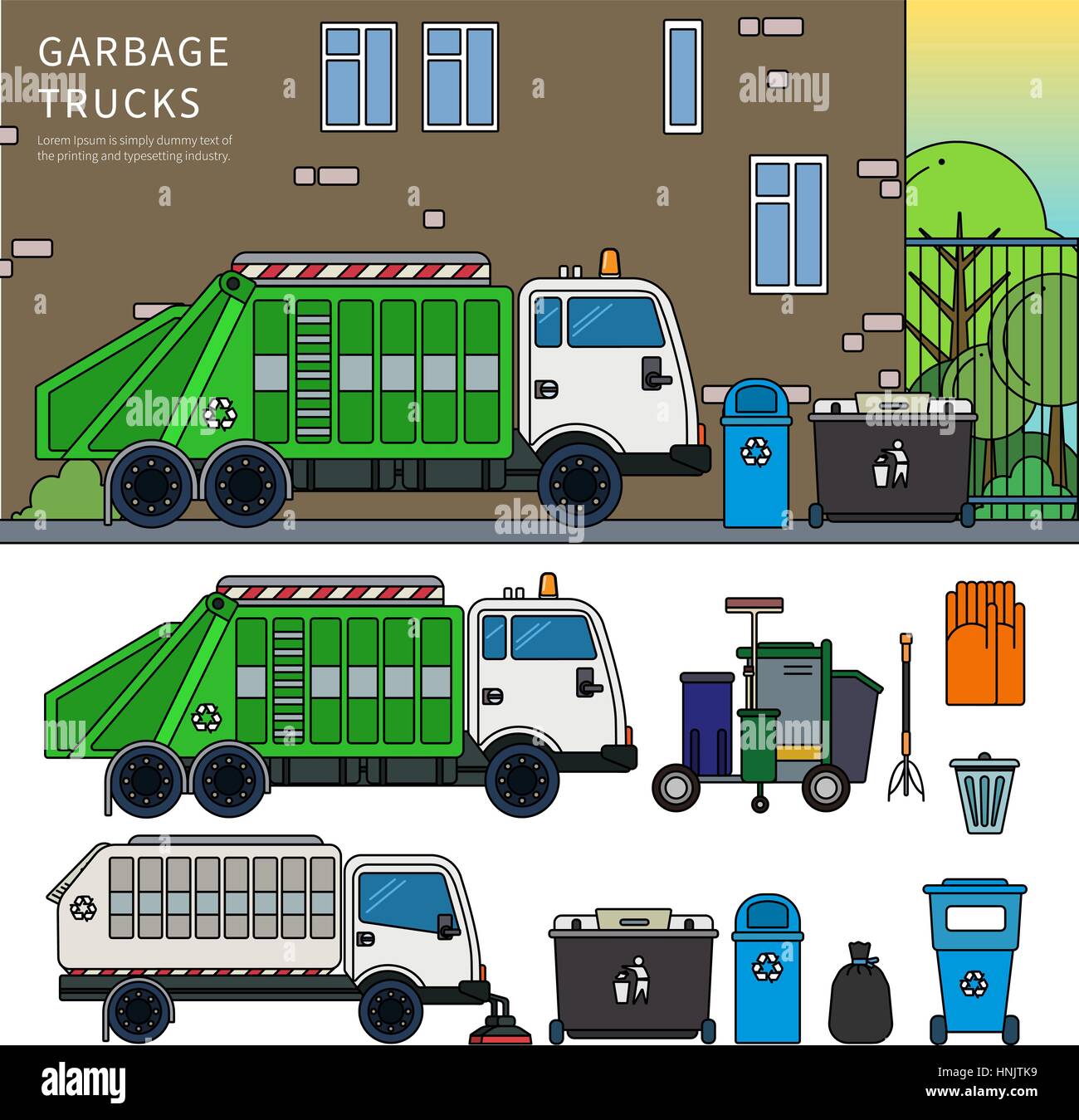 Thin line flat design of garbage truck. Garbage car on the street ...