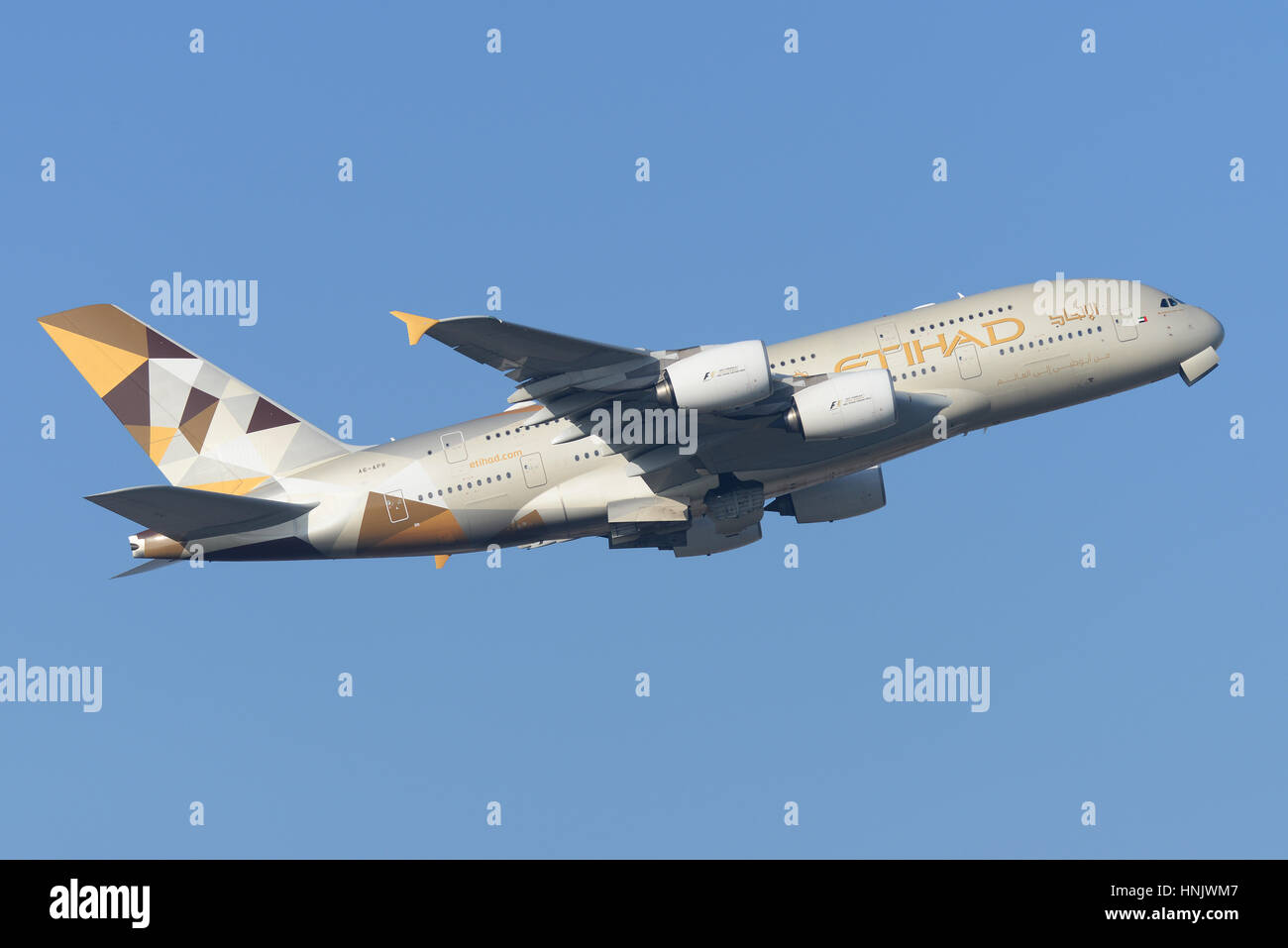 Etihad Airways A380-861 A6-APB taking off from London Heathrow Airport ...