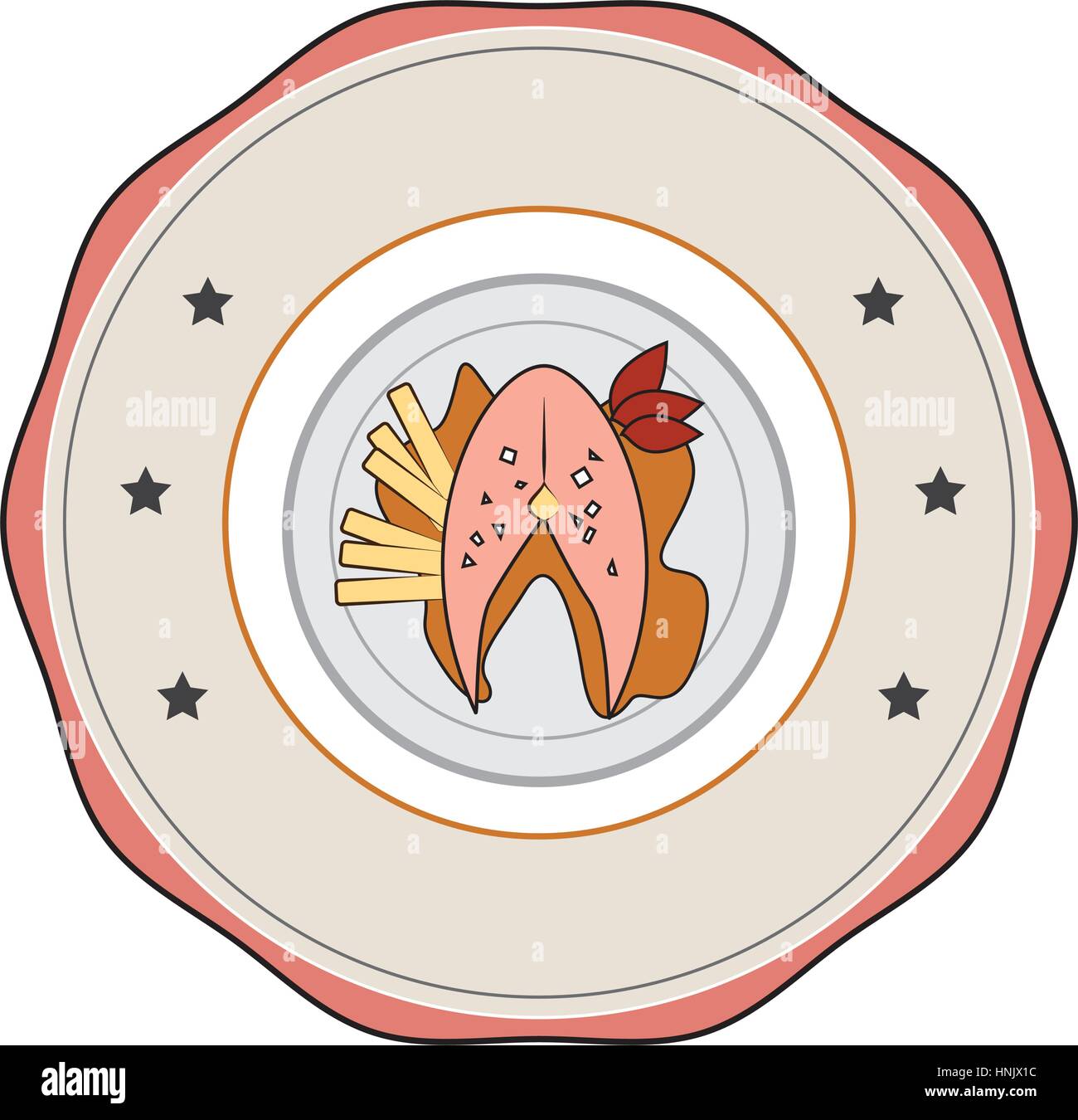 circular border with color dish with fish steak with potatos and ...