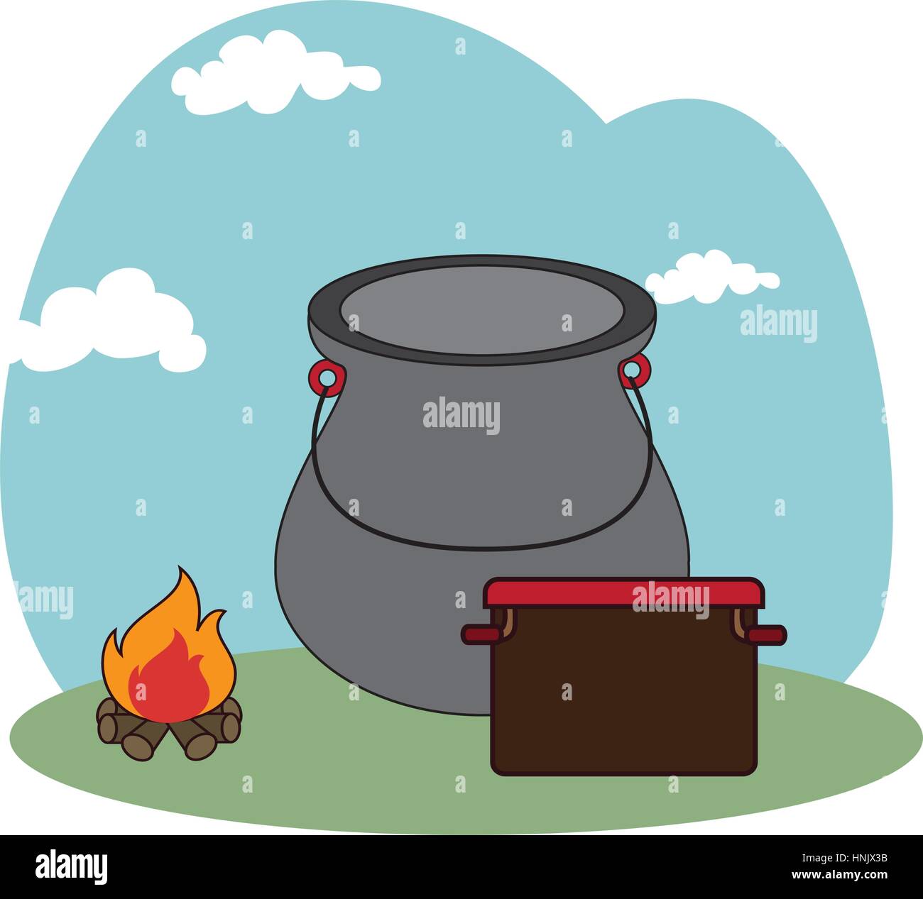 landscape with wood fire and pots vector illustration Stock Vector ...
