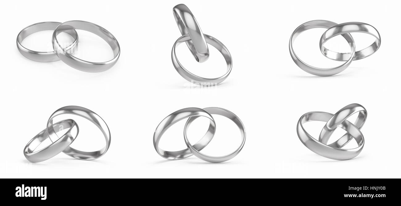 Wedding silver rings set, collection isolated on white background, 3d ...
