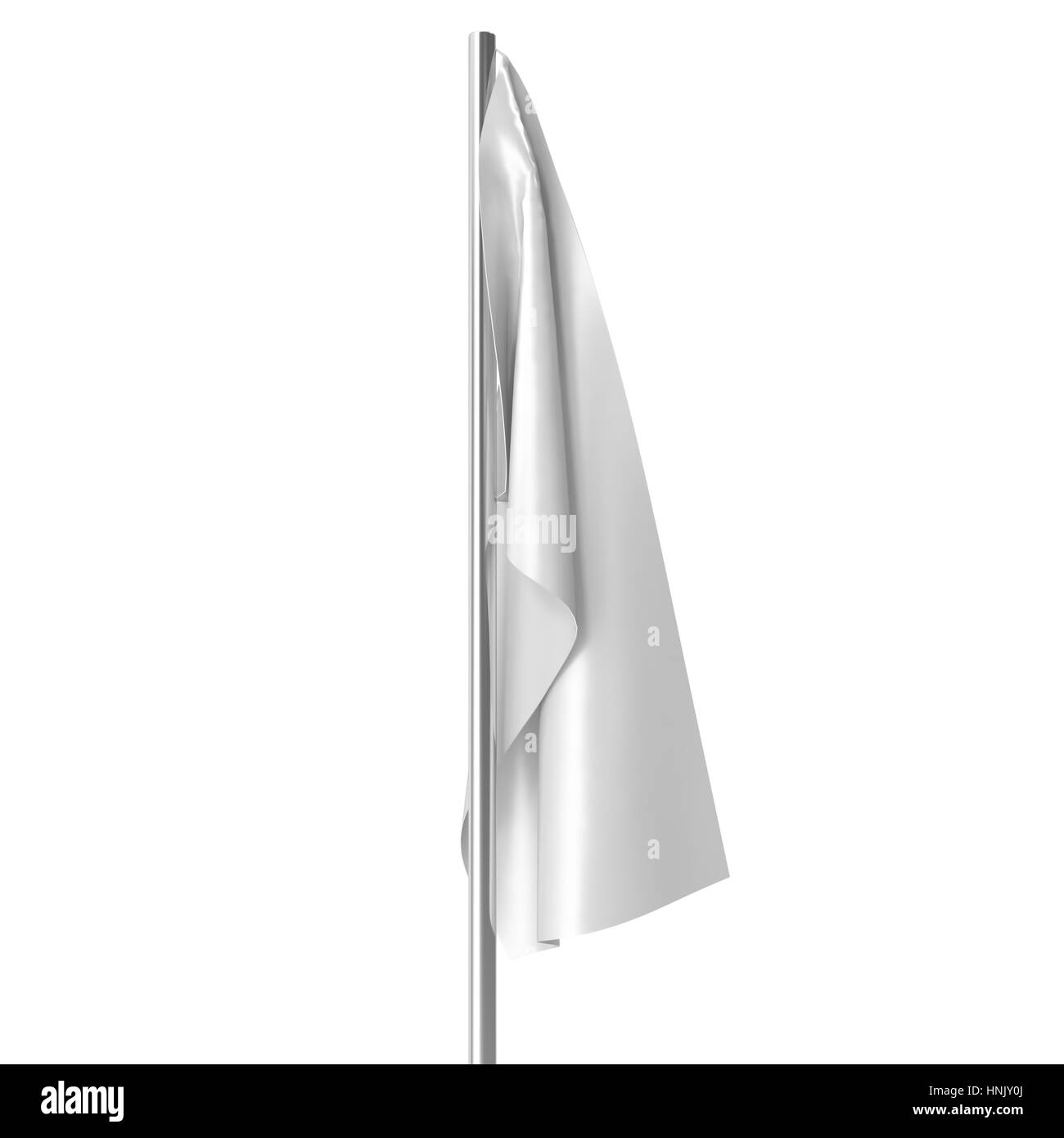 White flag on flagpole at rest empty mockup, flag isolated on white ...