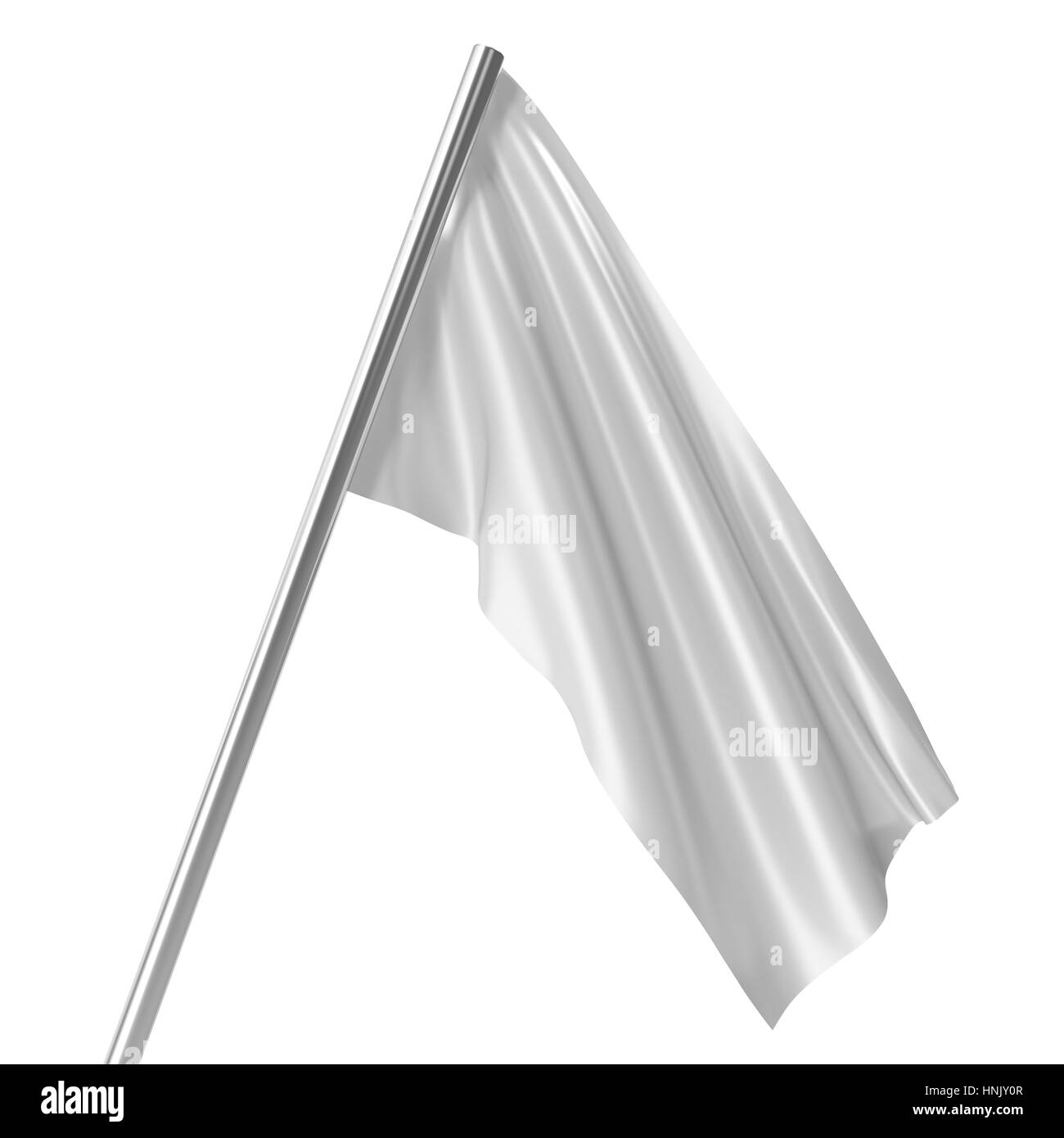 White flag on flagpole at rest empty mockup, flag isolated on white ...
