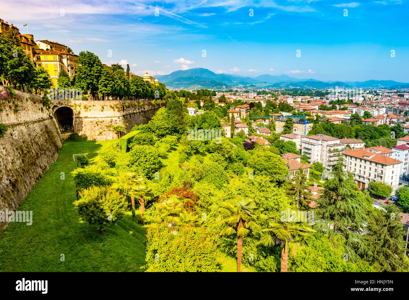 Panoramic view from Citta Alta, old town with the wall of old castle ...