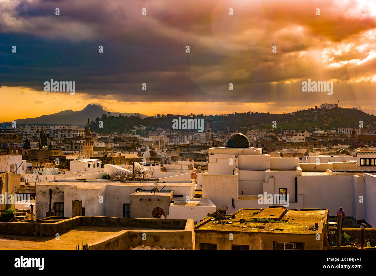 Skyline of Tunis. Traditional architecture in cityscape at dawn with ...
